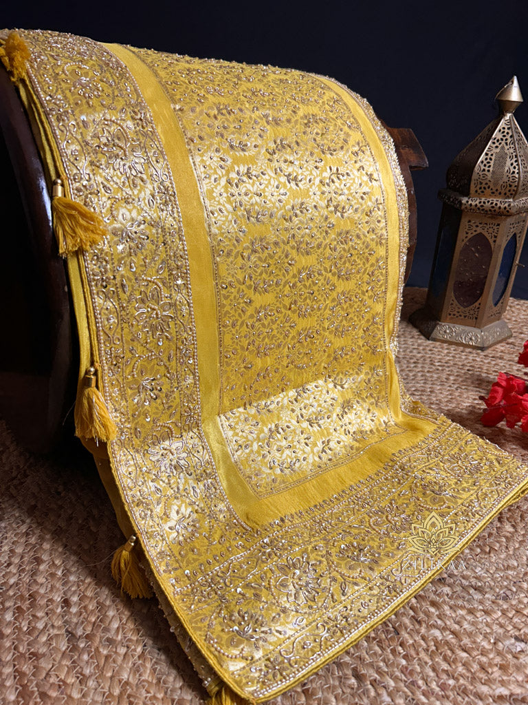 Lemon Yellow Zardozi Handwork Zari Tissue Silk Saree – Zilikaa