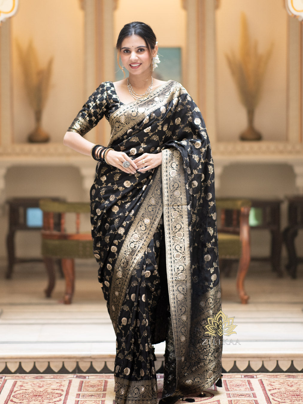 Midnight Black Banarasi Uppada Silk Saree – Zilikaa