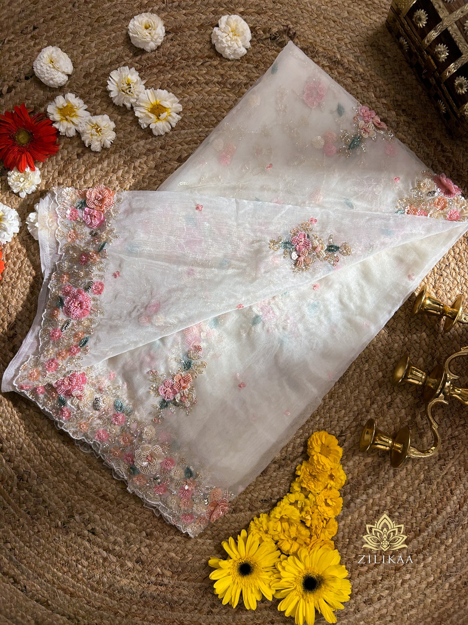 Pearl White Hand embroidery Organza Silk Saree – Zilikaa