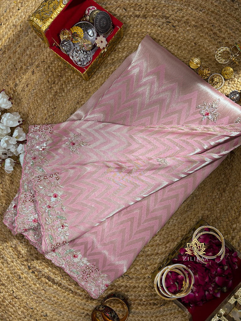Baby Pink Soft Tissue Silk Saree With designer Sequins Handwork Border ...