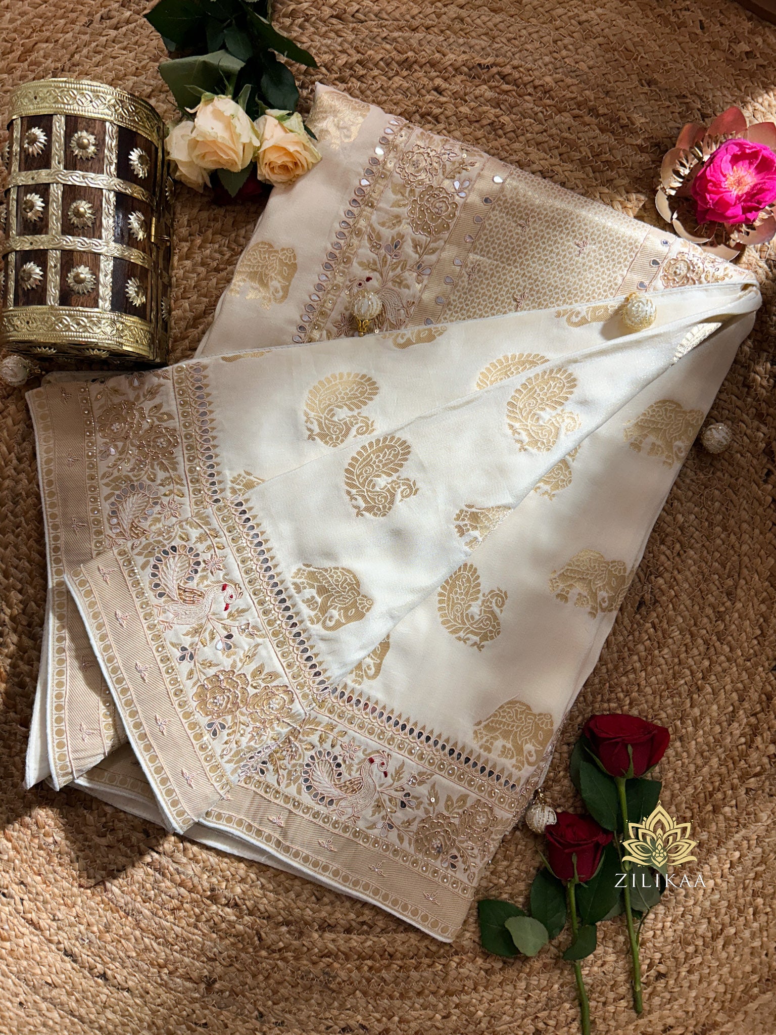 Ivory Special Zardozi Handwork Zari Silk Saree – Zilikaa
