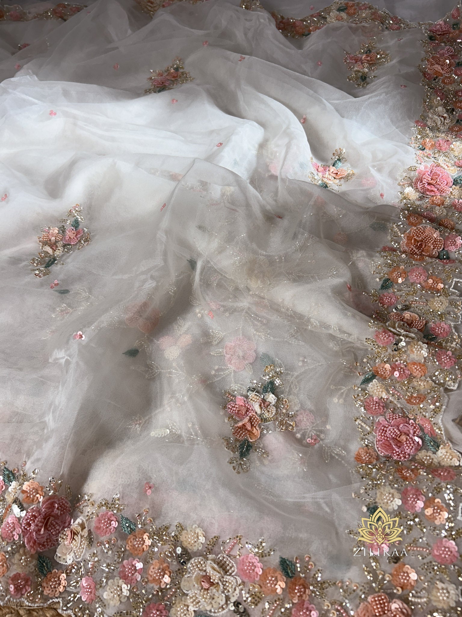 Pearl White Hand embroidery Organza Silk Saree – Zilikaa
