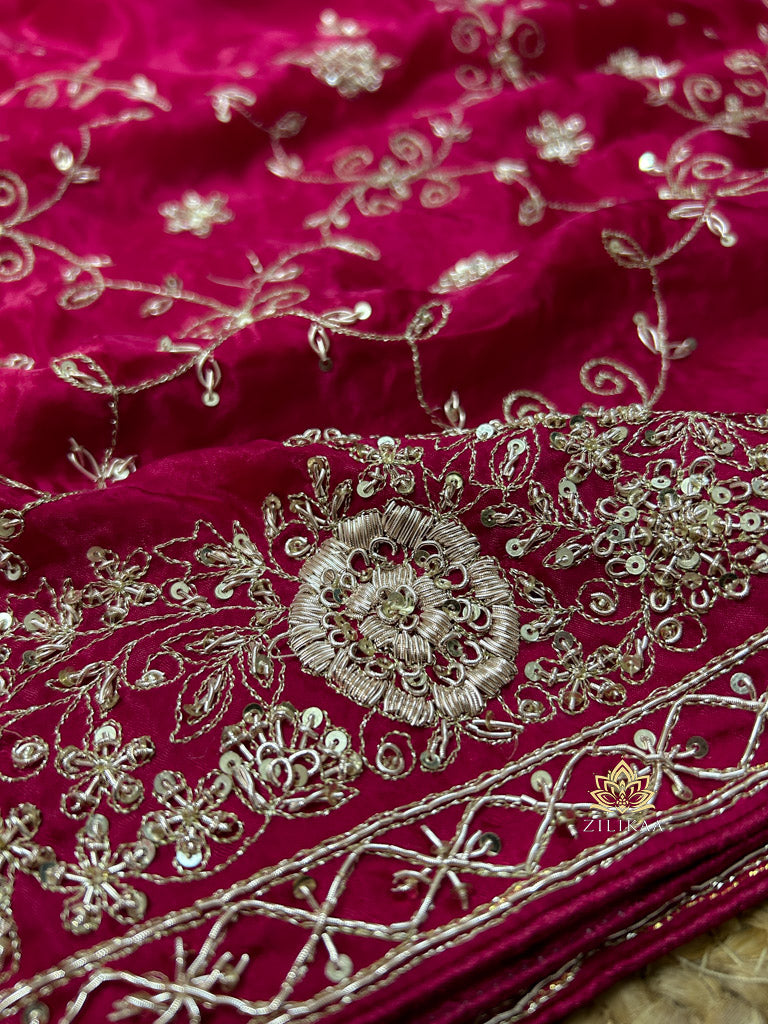 Maharani Pink Aari Zardozi Hand Embroidery Satin Silk Saree – Zilikaa