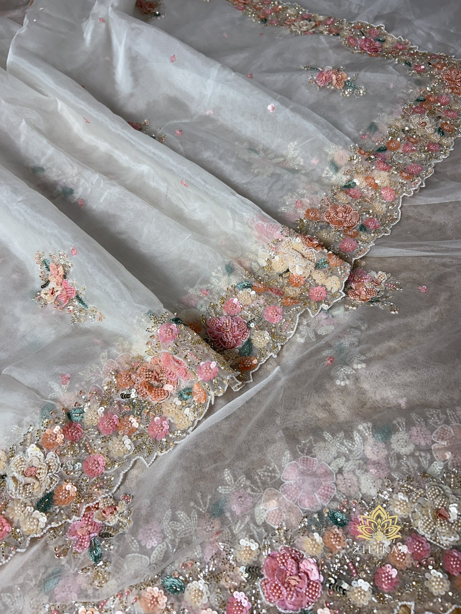 Pearl White Hand embroidery Organza Silk Saree – Zilikaa