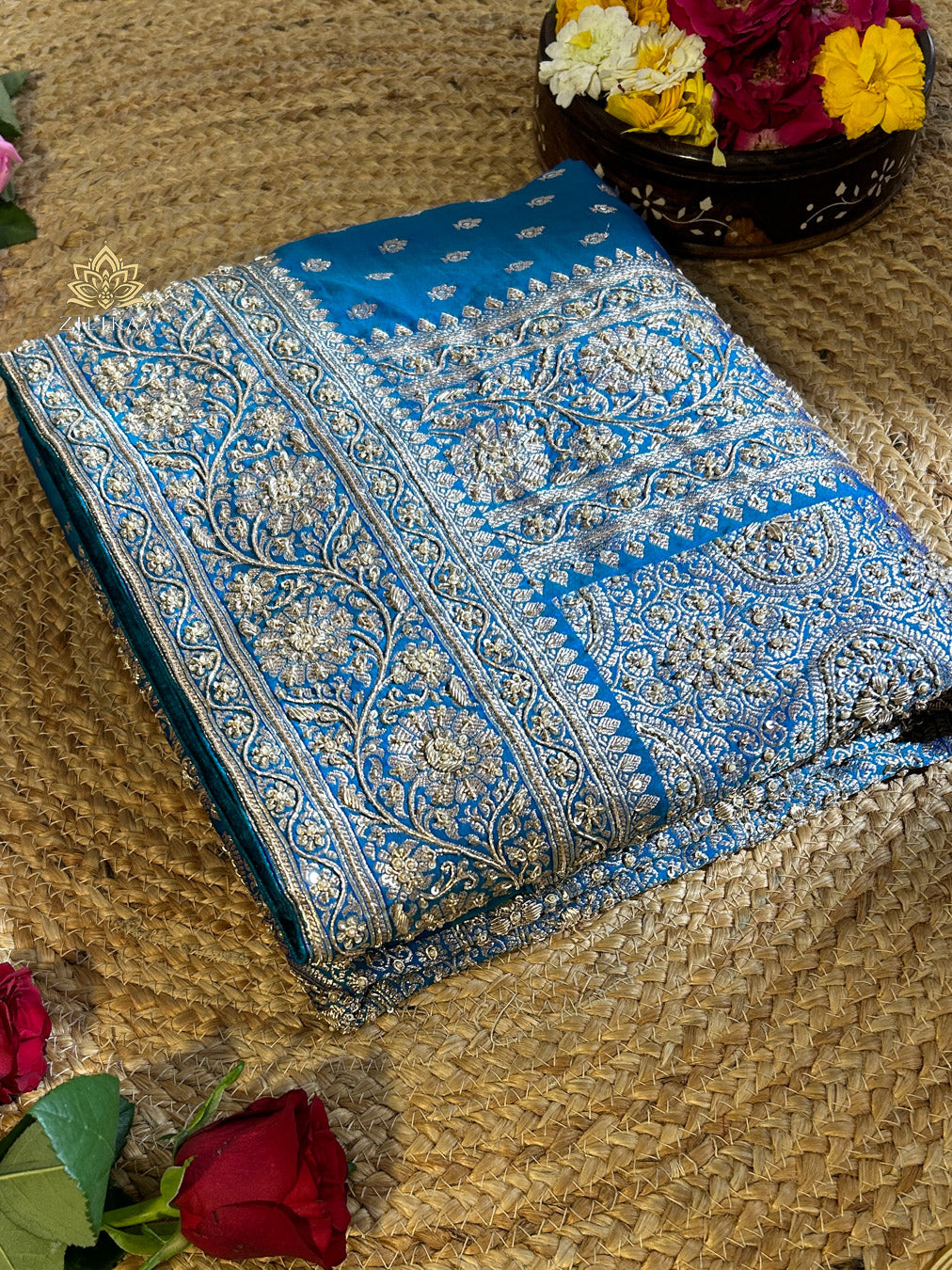 Peacock Blue Zardozi Handwork Katan silk saree – Zilikaa