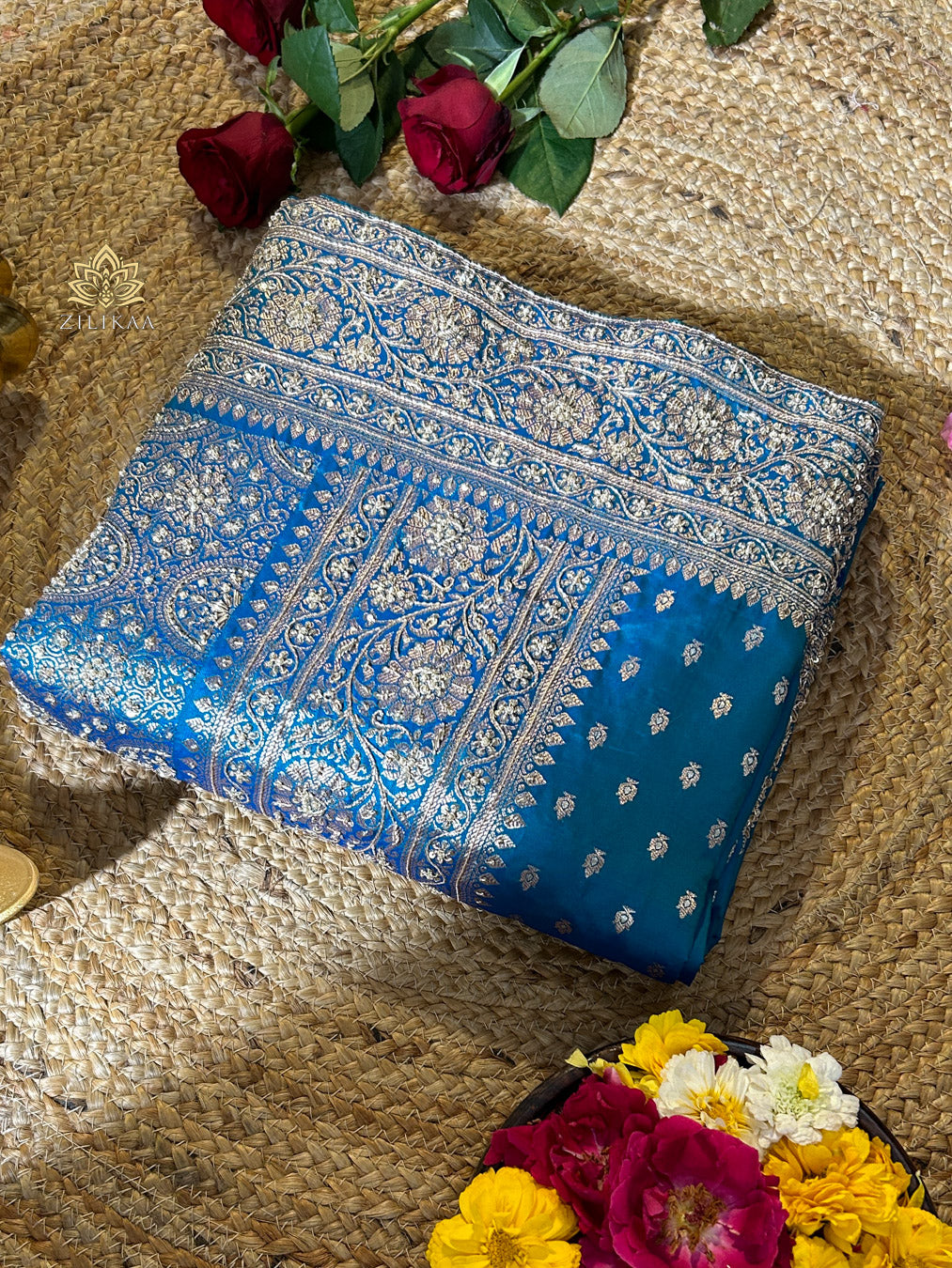 Peacock Blue Zardozi Handwork Katan silk saree – Zilikaa