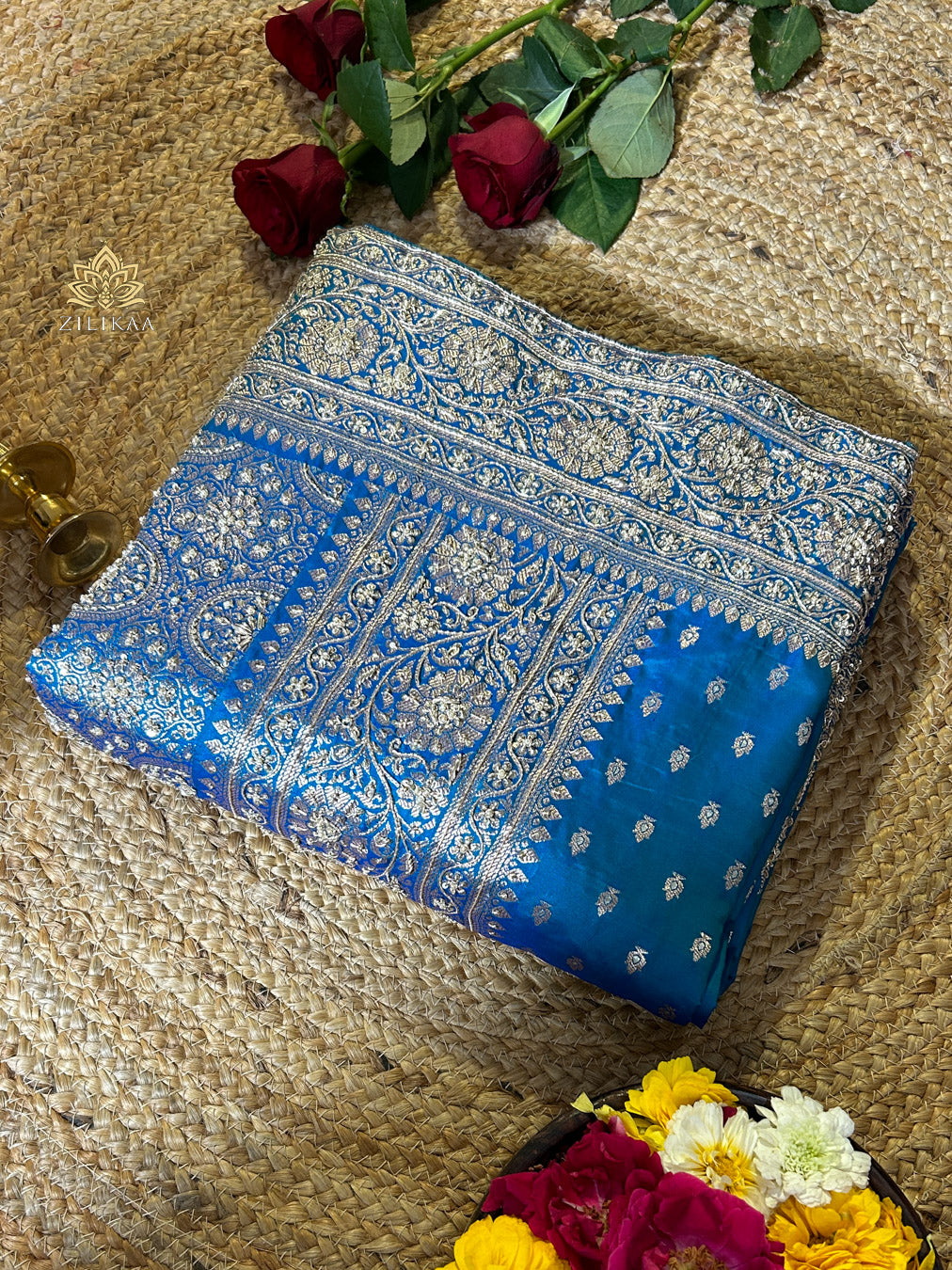 Peacock Blue Zardozi Handwork Katan silk saree – Zilikaa