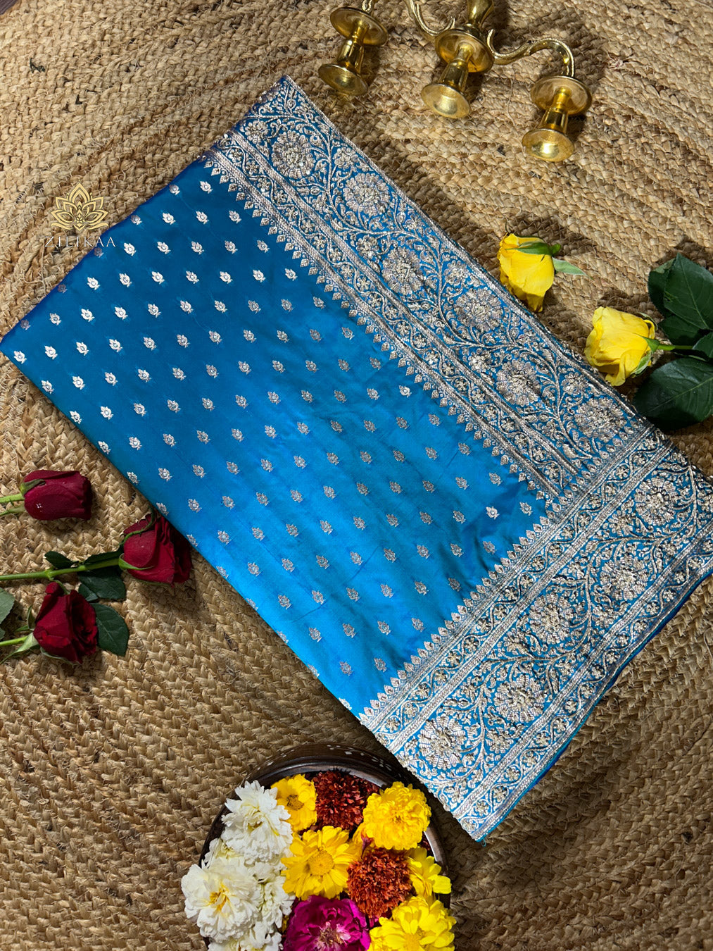 Peacock Blue Zardozi Handwork Katan silk saree – Zilikaa
