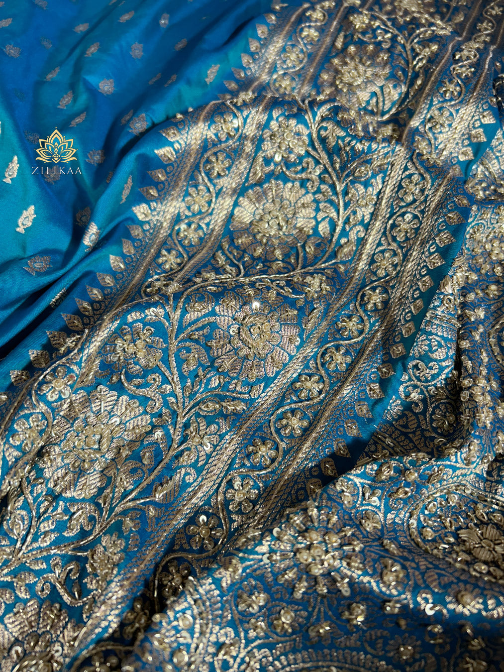 Peacock Blue Zardozi Handwork Katan silk saree – Zilikaa