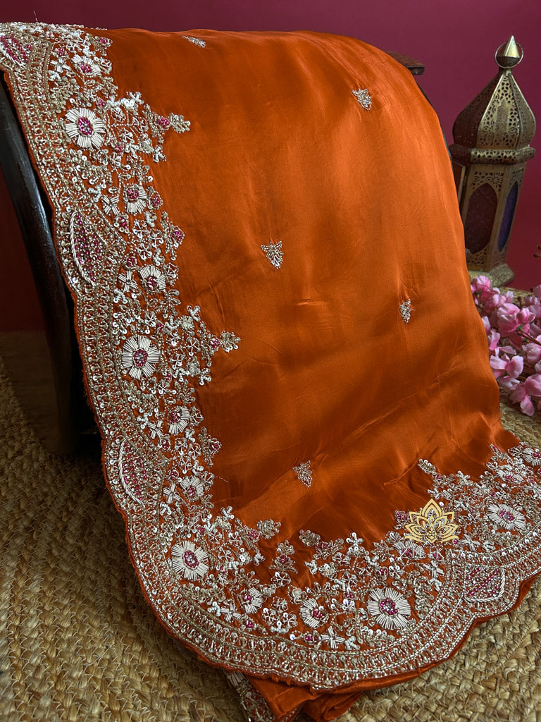 Rust Orange Munga Silk Saree with Designer Zardozi Handwork – Zilikaa