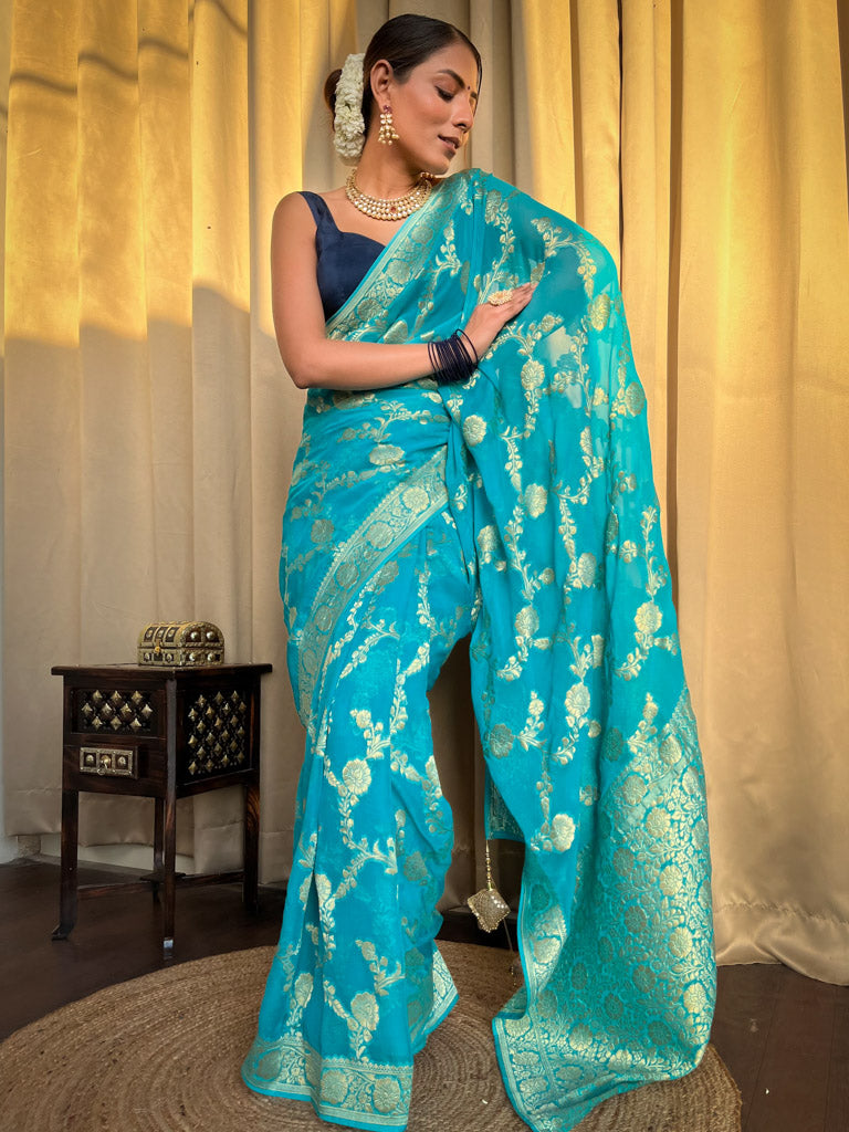 Firozi Blue Banarasi Khaddi Weaved Georgette Saree – Zilikaa